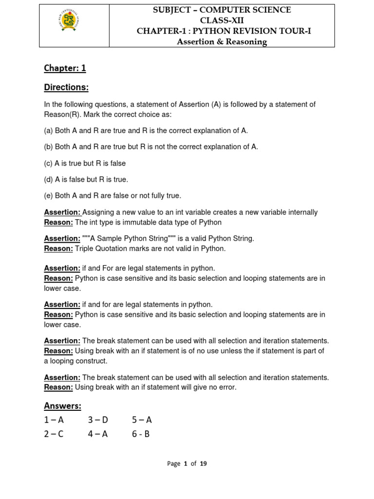 CH All Chapters AssertionandReasoning | PDF | Queue (Abstract Data Type ...