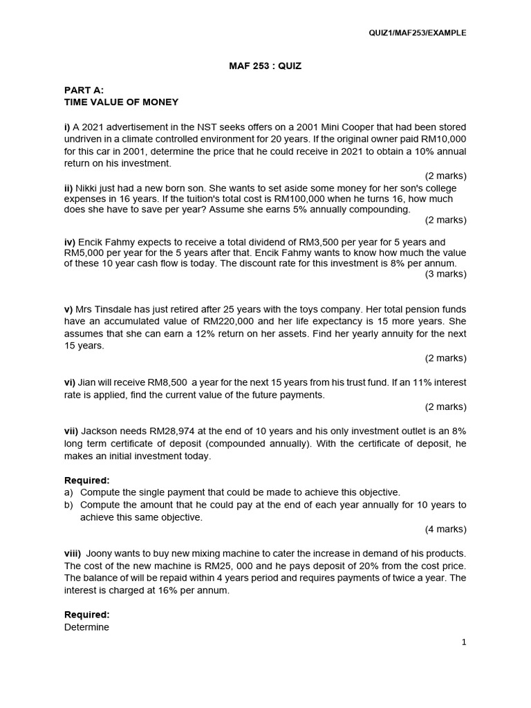 MAF253 Quiz: Time Value & Risk Analysis | PDF | Financial Economics ...