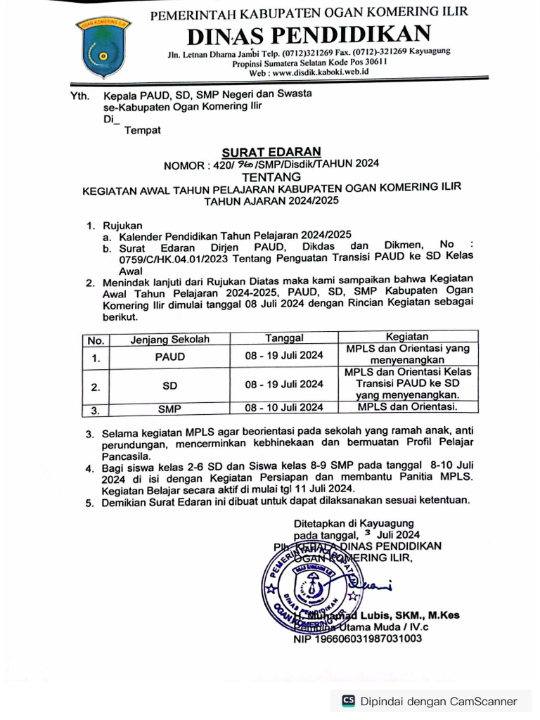 Surat Edaran Kegiatan Awal Tahun | PDF