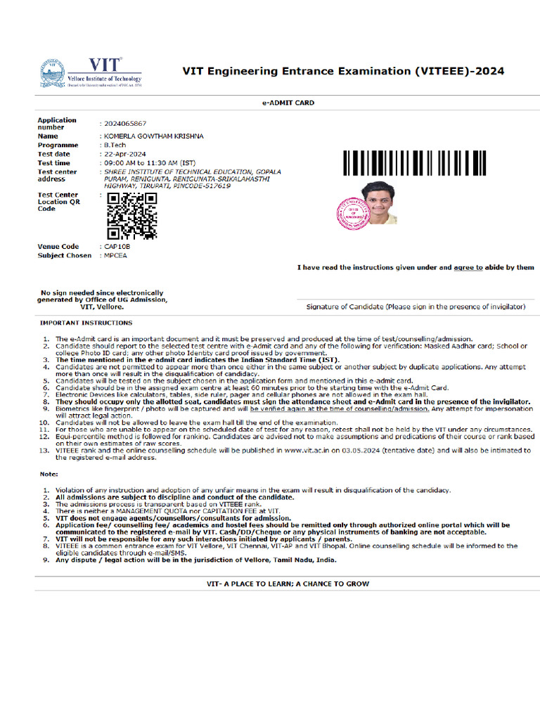 Vit Admit Card | PDF