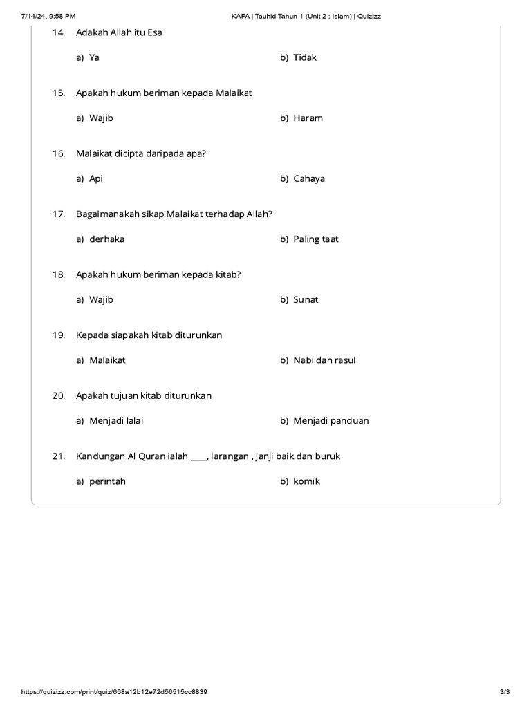 KAFA - Tauhid Tahun 1 (Unit 2 - Islam) - Quizizz 3 | PDF