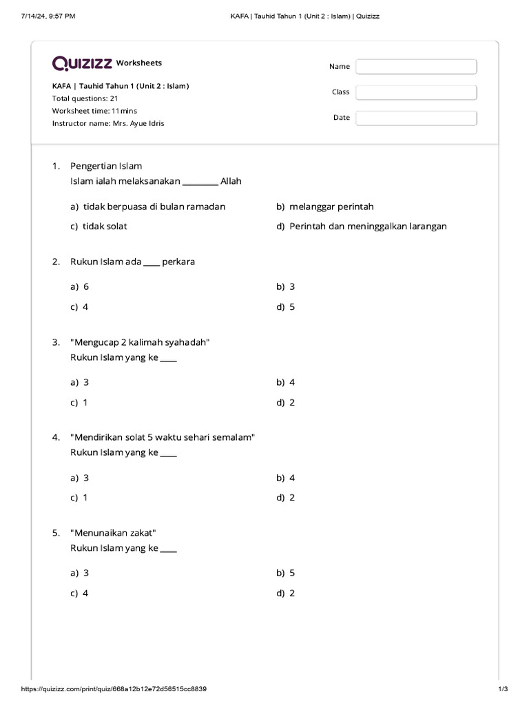 KAFA - Tauhid Tahun 1 (Unit 2 - Islam) - Quizizz 1 | PDF
