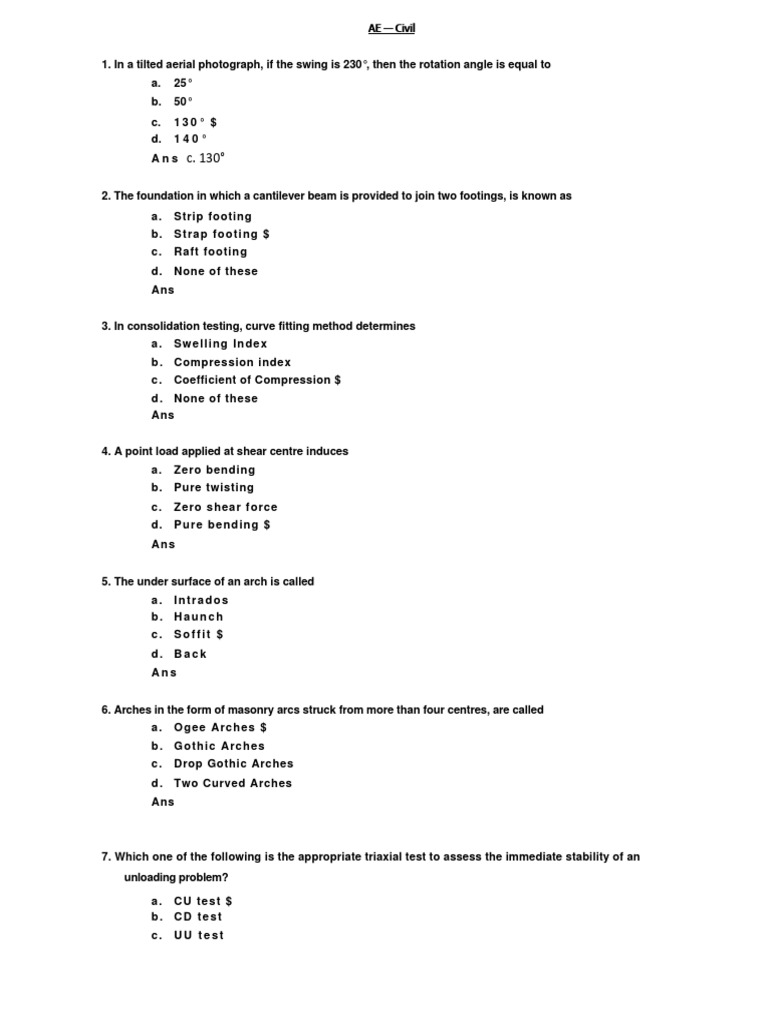 AE Civil Engineering Question Paper | PDF | Stress (Mechanics) | Bending