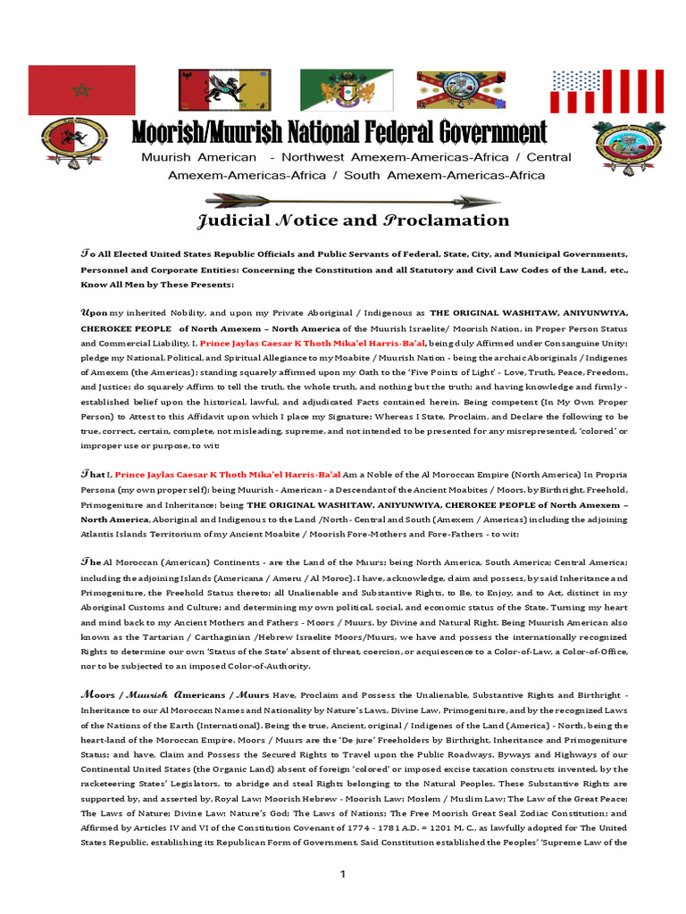 Mika'el Harris-Ba'al's Moorish Proclamation | PDF | Canaan | Jurisdiction