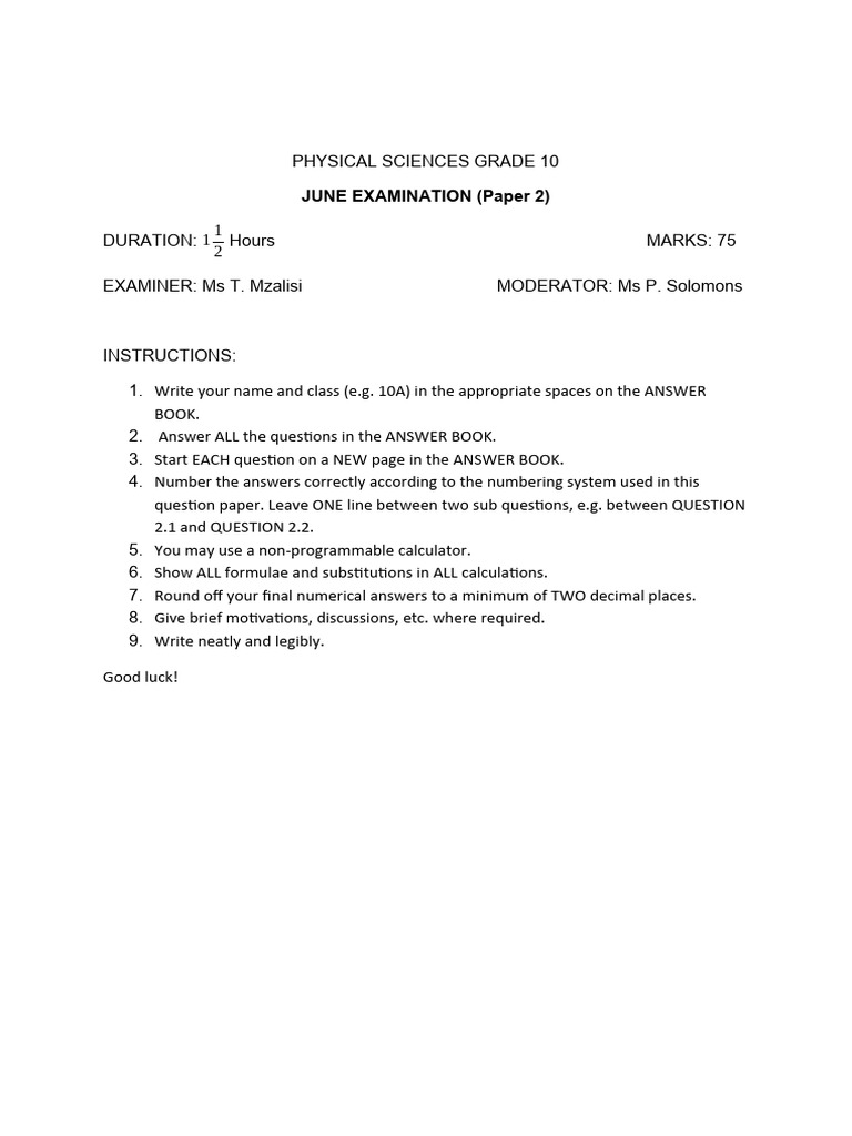 Grade 10 Physical Science Exam Memo | PDF | Chemical Compounds ...