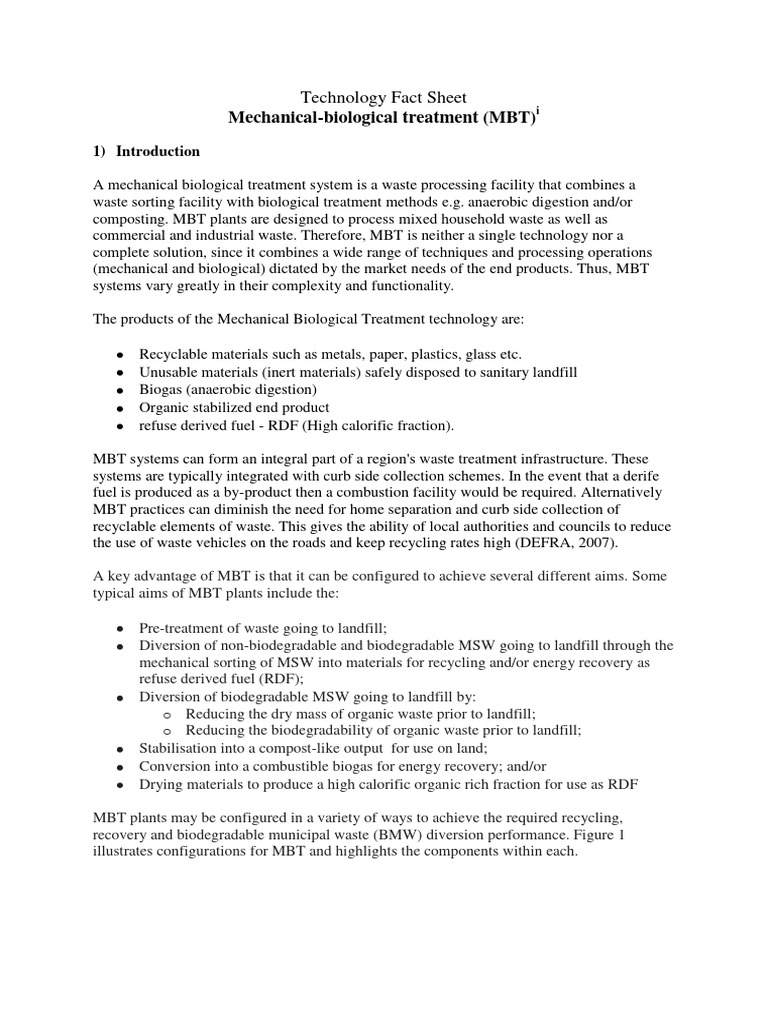 Technology Fact Sheet MBT | PDF | Nature | Waste