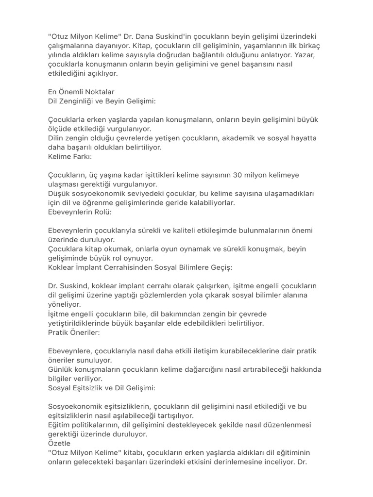 "Otuz Milyon Kelime" Dr. Dana Suskind'in Çocukların Beyin Gelişimi | PDF