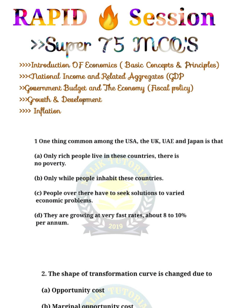 #1 Super 75 MCQ'S Rapid Fire Session Economics by MALIk TUTORIAL | PDF