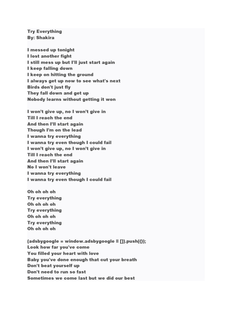Shakira - Try Everything Lyrics | PDF