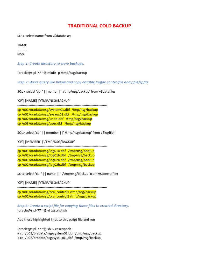 Traditional Cold Backups Pdf Information Technology System Software