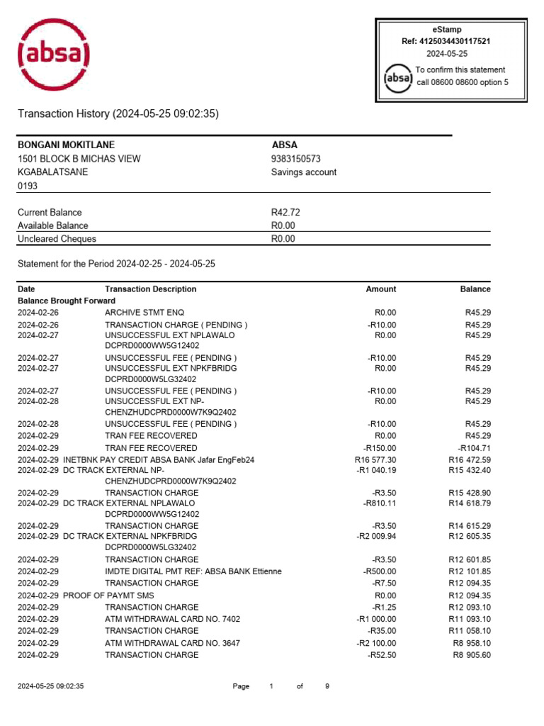 Bongani Mokitlane 2024-05-25 Stamped | PDF | Debit Card | Stored Value Card