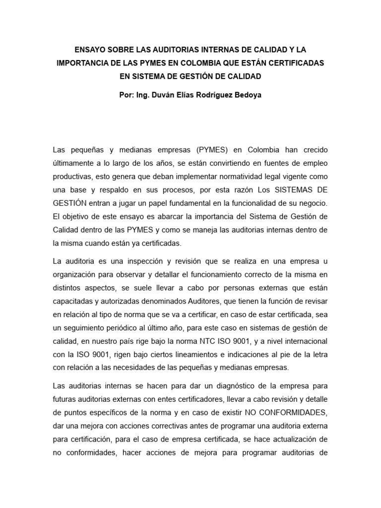 Semana 1 Actividad Ensayo Auditoria Interna SGC Duvan Rodriguez | PDF | Auditoría | Business