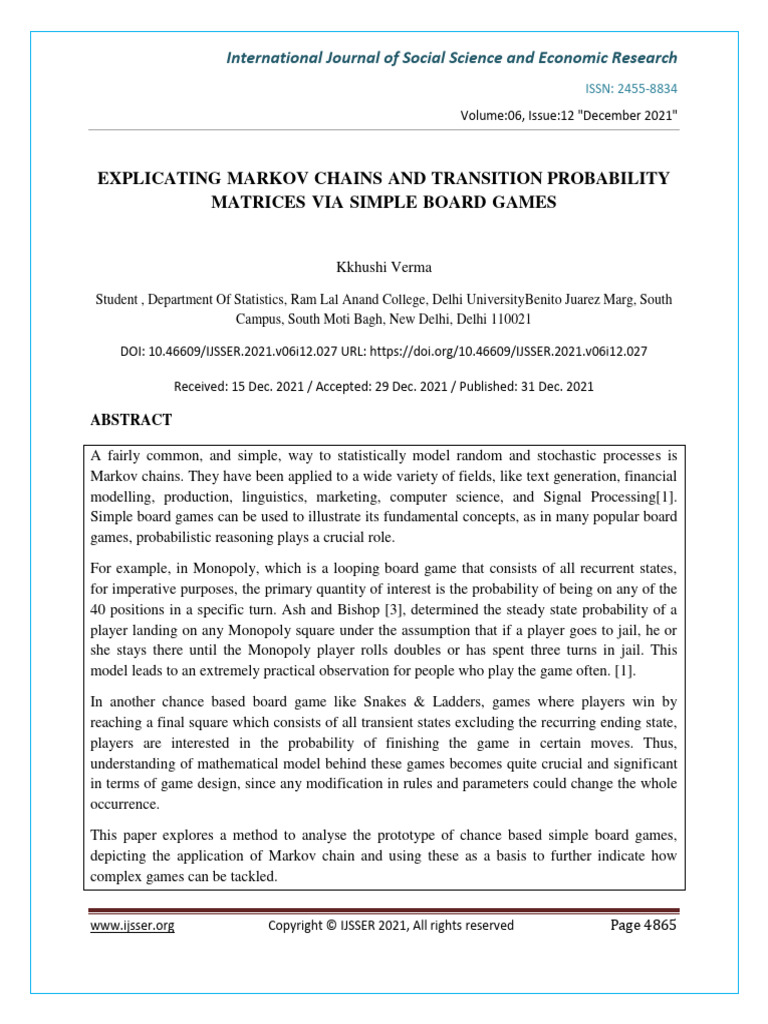 Explicating Markov Chains and Transition Probability Matrices Via Simple Board Games | PDF ...