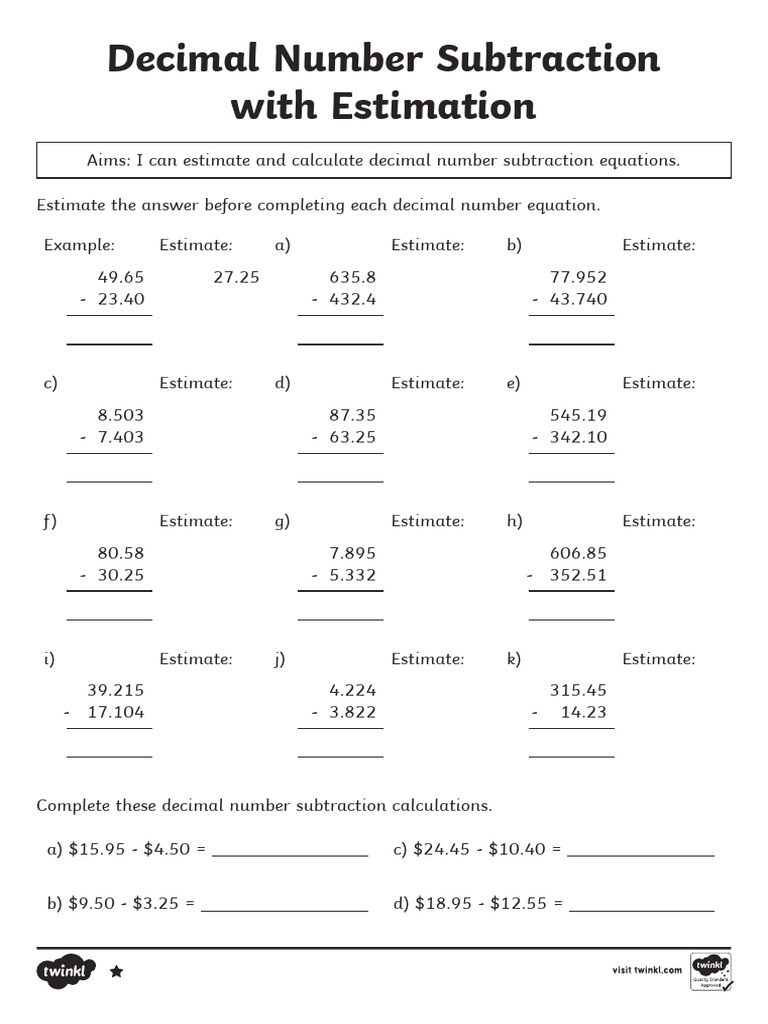 AU T2 M 4294 Decimal Number Subtraction With Estimation Differentiated Activity Sheets Ver 2 ...