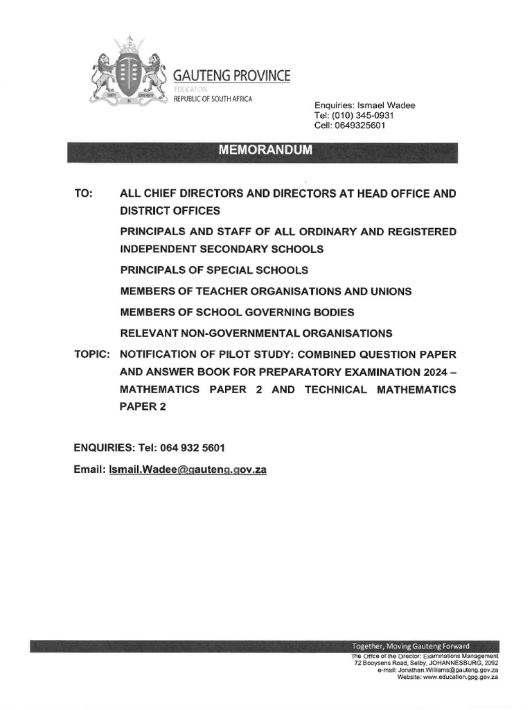 Memo To Schools Pilot Maths P2 | PDF