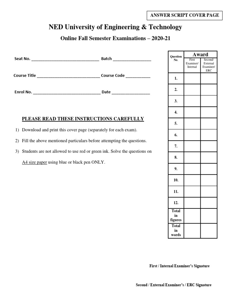 Cover Page - Blank Answer Script For Undergraduate Exam | PDF