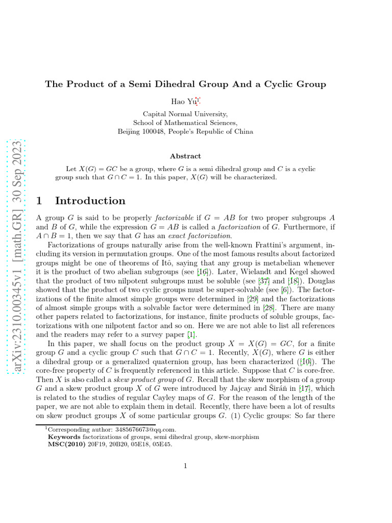 The Product of A Semi Dihedral Group and A Cyclic Group | PDF | Group (Mathematics) | Group Theory