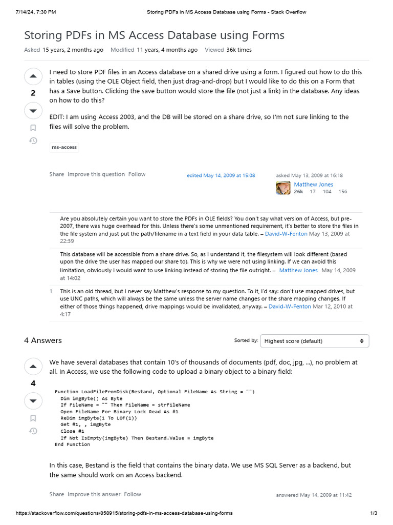 Storing PDFs in MS Access Database Using Forms - Stack Overflow | PDF | Microsoft Access ...
