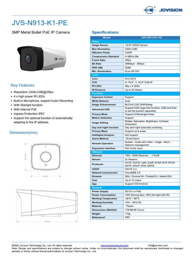3MP PoE IP Camera JVS-N913-K1-PE | PDF | Internet Protocols | Computer ...