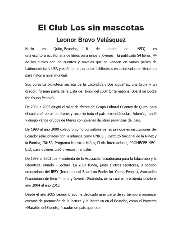 4°P-Plan Lector-El Club Los Sin Mascotas-2024 | PDF | Ecuador