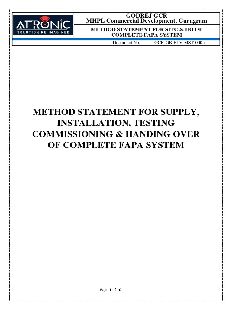 Work Method Statement For SITC&HO of Complete FAPA System | PDF ...