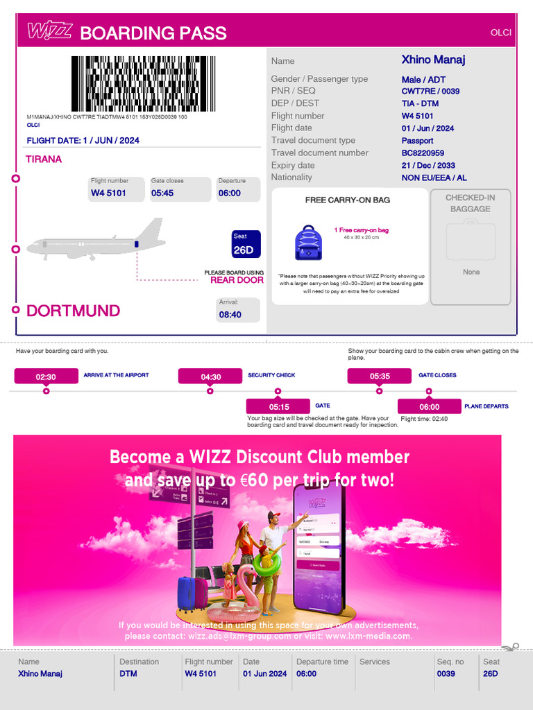 Wizz Air Boarding Pass for Flight W4 5101 | PDF | Aviation | Transport