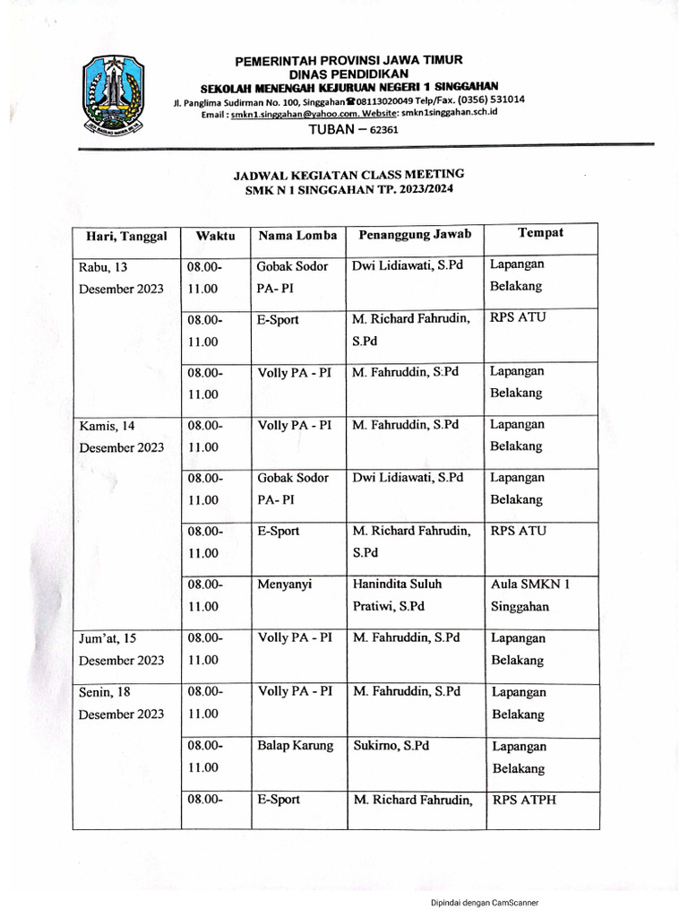 Jadwal Kegiatan Class Meeting | PDF