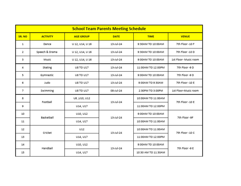 School Team Parents Meeting Schedule and Venue | PDF | Art