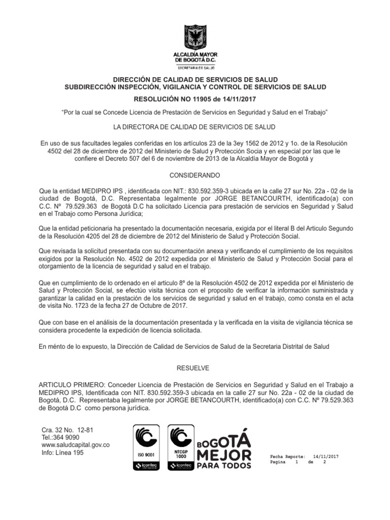 Resolucion Medipro. | PDF | Bogotá