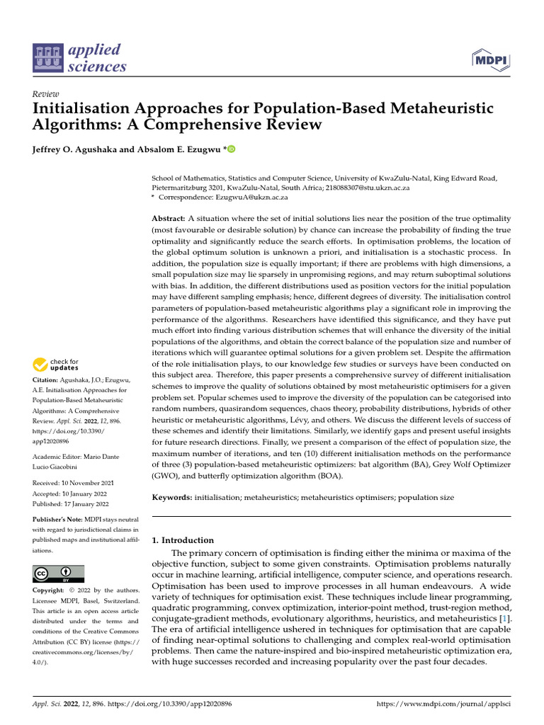 Initialisation Approaches For Population-Based Metaheuristic Algorithms - A Comprehensive Review ...