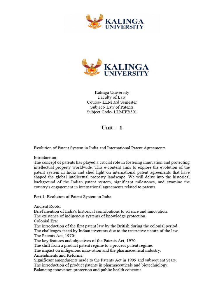 JULY-DEC 2023 LLM 3 SEM V9 LLMIPR301 LLMIPR301 Law of Patent Econtent 1 | PDF | Patent ...