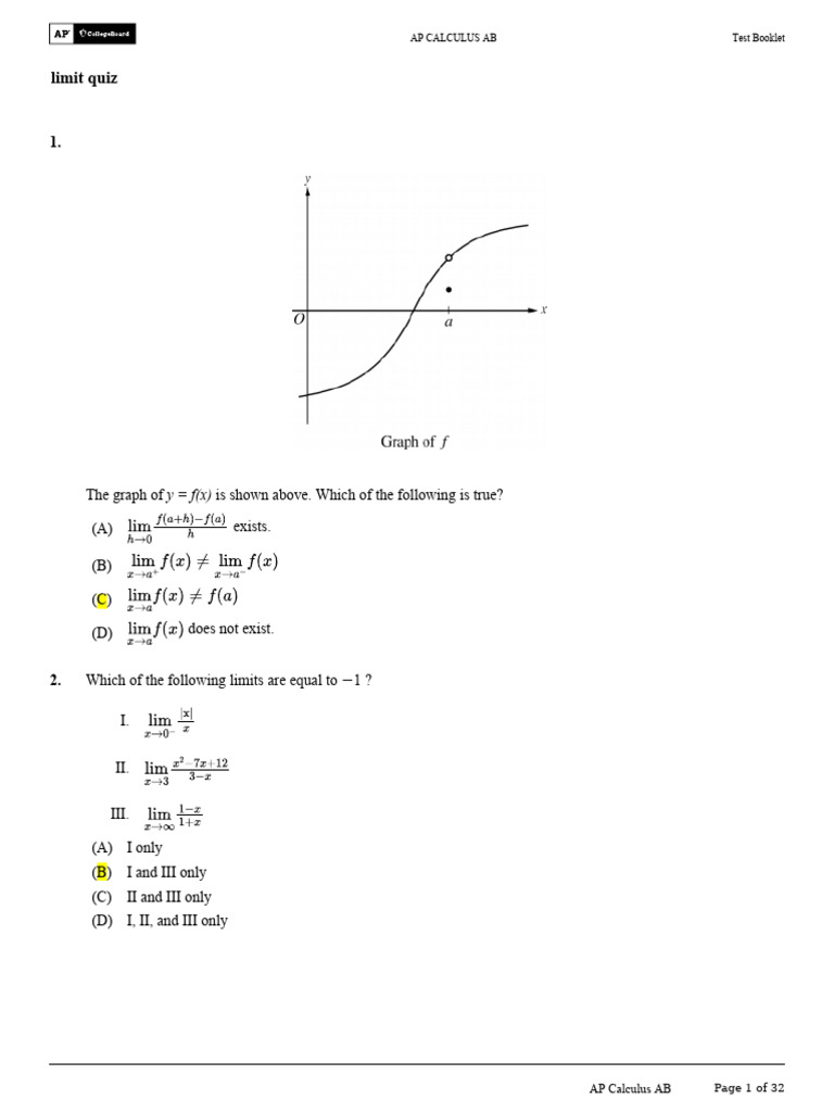 AP Calculus AB Limit Quiz | PDF | Function (Mathematics) | Mathematical ...