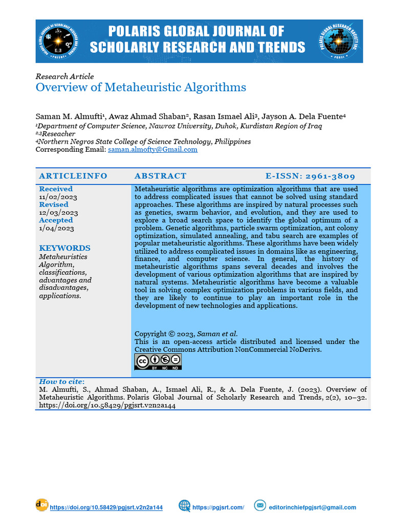 Overview of Metaheuristic Algorithms | PDF | Metaheuristic | Mathematical Optimization