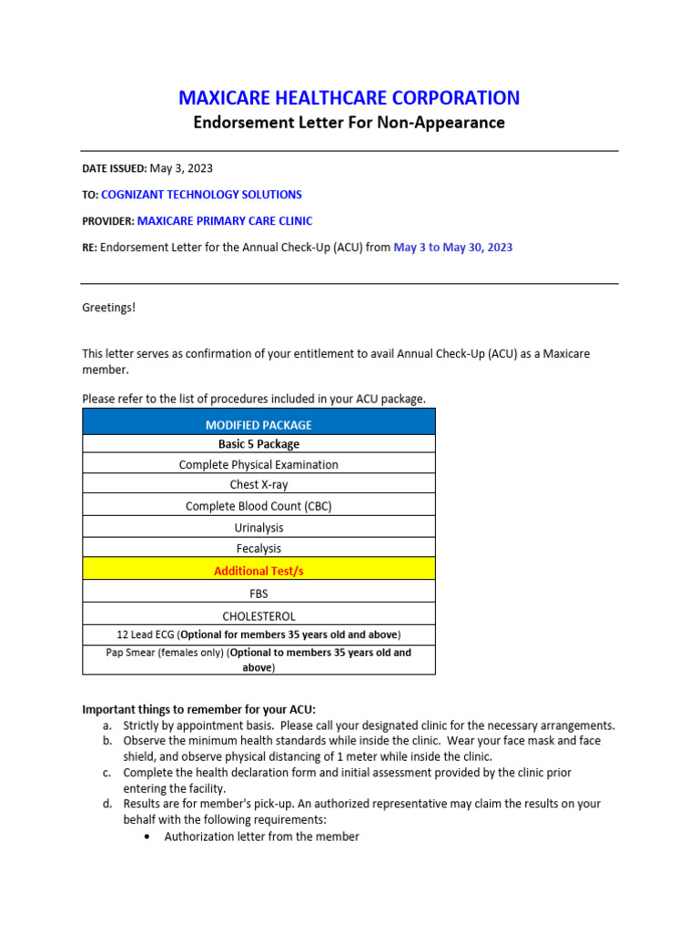 Maxicare ACU Endorsement Letter | PDF | Physical Examination | Health Care