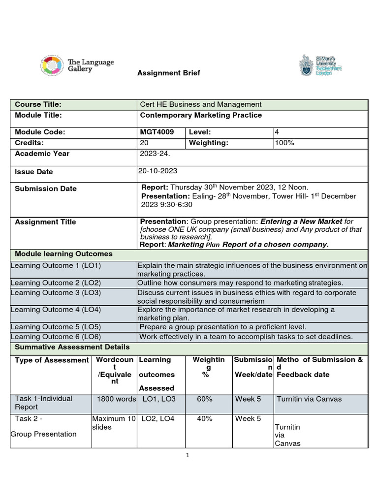 Assignment Brief Intake 3 M3 - 27th October 2023 | PDF | Marketing ...