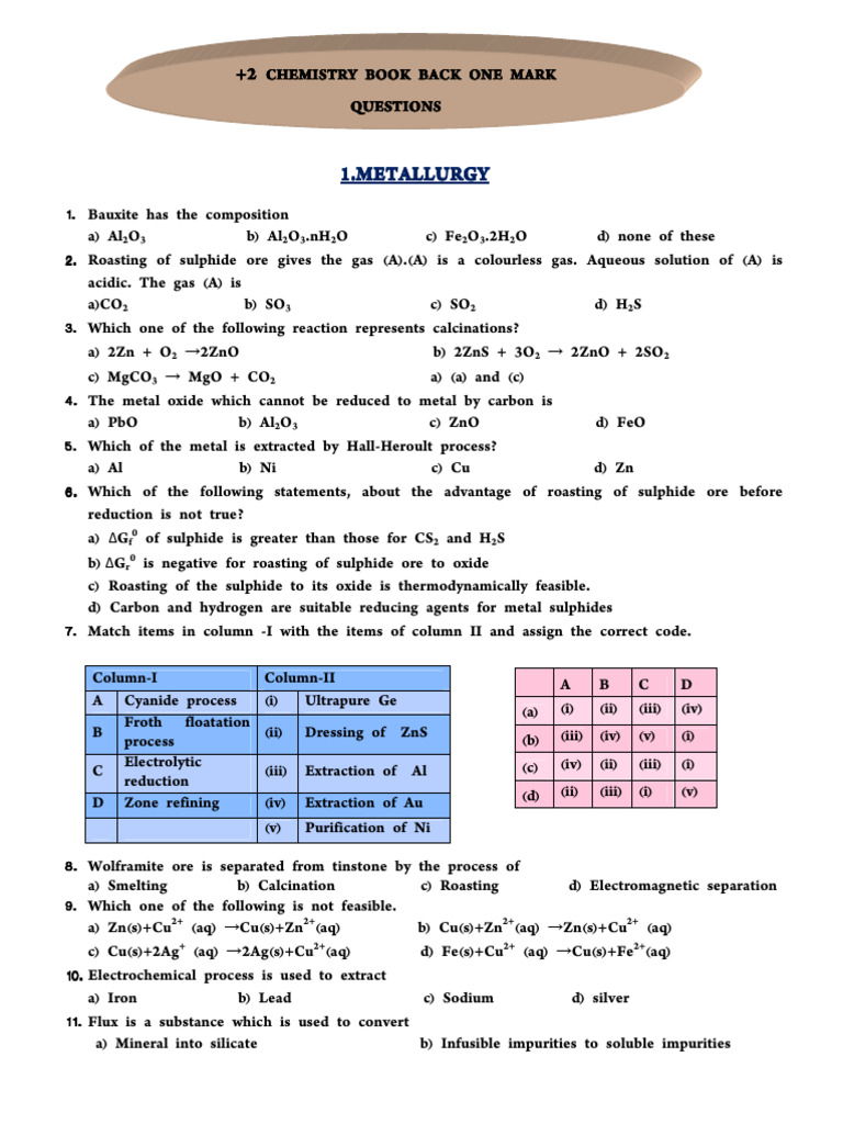 12th Chemistry One Mark Questions PDF | PDF | Silicon | Zinc