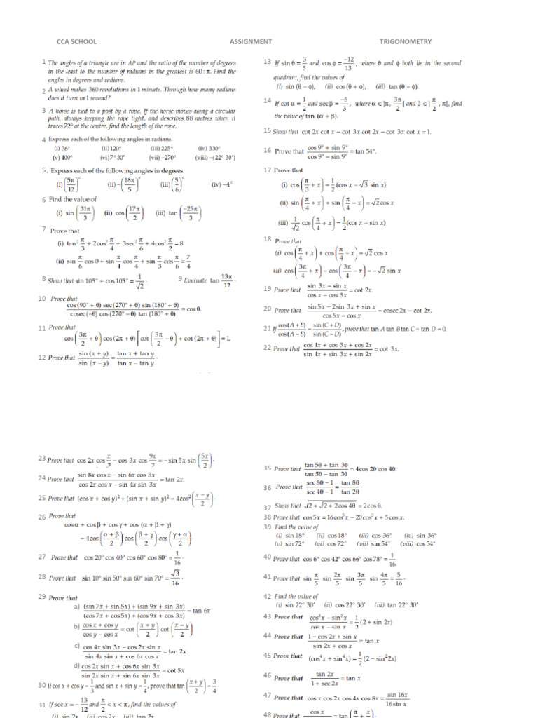 Cca Trigonometry Assignment | PDF