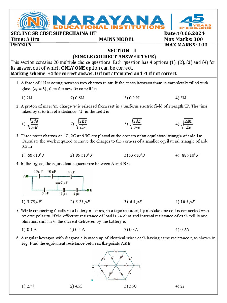 (Cbse Main Iit) Sr Cbse Super Chaina Qp 10-06-2024 | Download Free PDF | Capacitor | Magnetic Field
