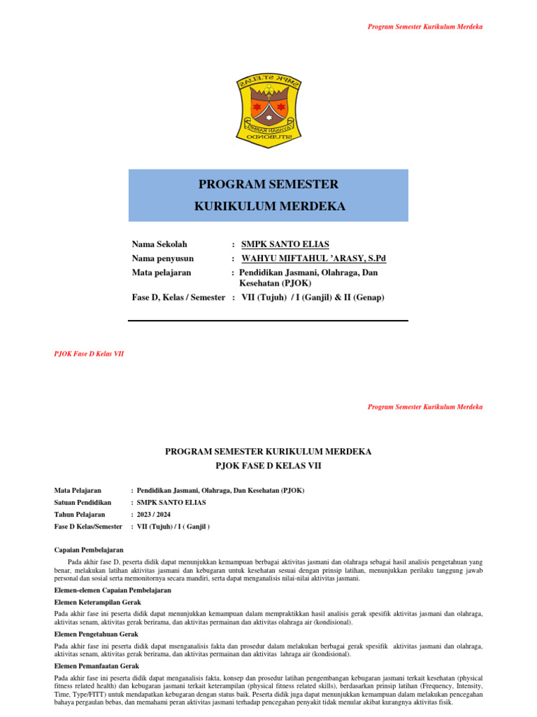 Program Semester PJOK Kelas VII 2023 | PDF