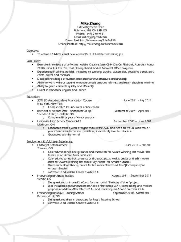 Visual Development Artist Resume | PDF | Adobe Creative Suite | Autodesk