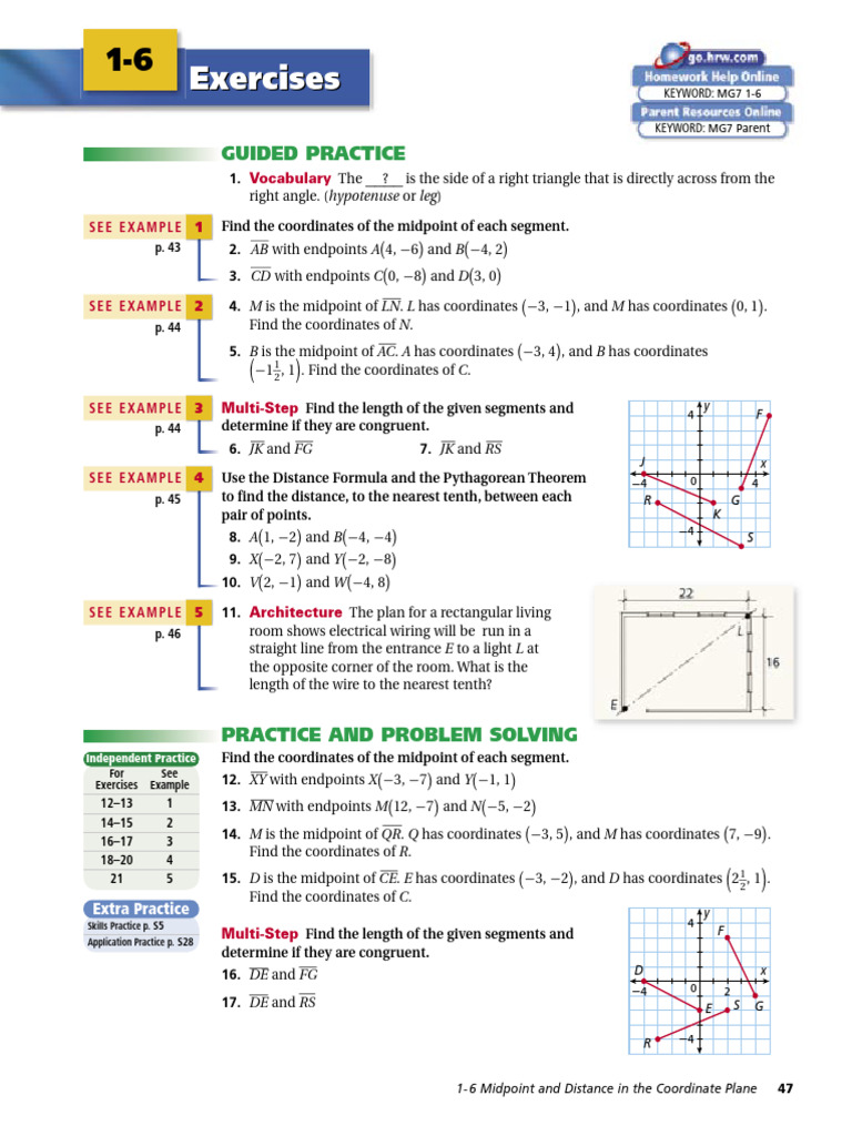 1-6 Midpoint and Distance (p47) | PDF | Euclidean Plane Geometry ...
