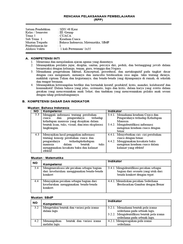 RPP Kelas 3 Sub Tema Keadaan Cuaca | PDF