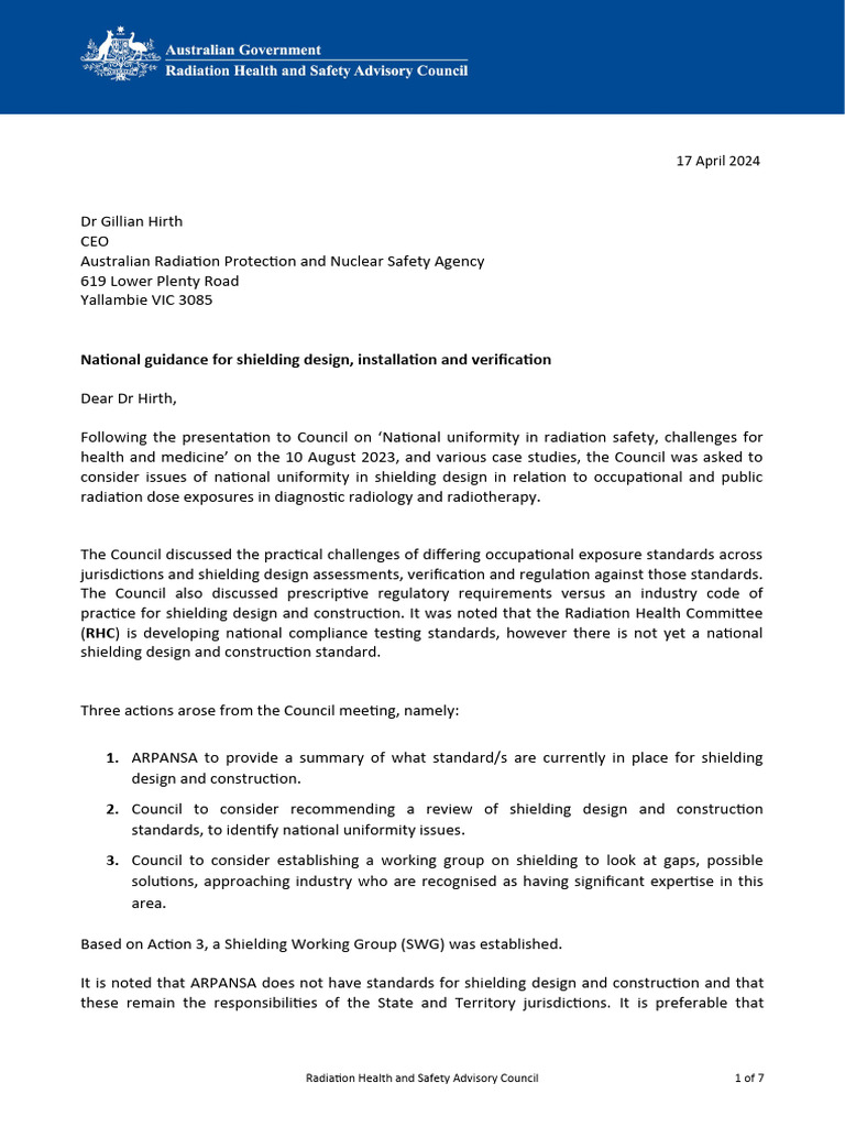 RHSAC Letter to CEO - National guidance for shielding design ...