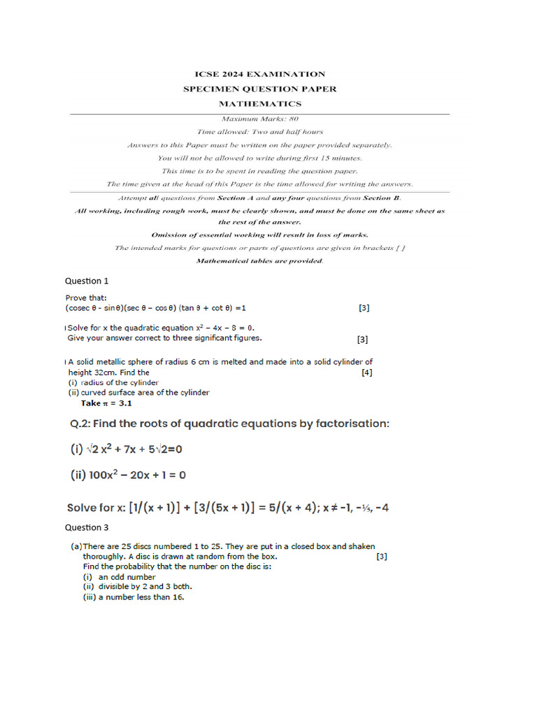 MATH ICSE Class 10 | PDF