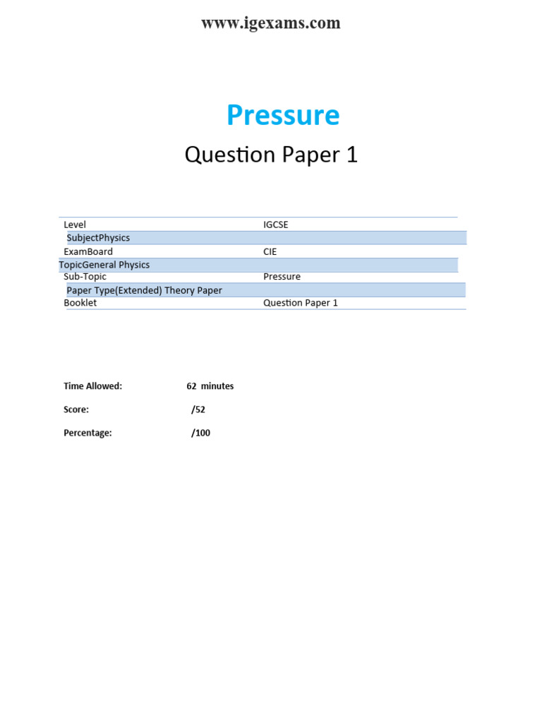 IGCSE CIE Physics Paper: Pressure | PDF | Pressure | Atmosphere Of Earth