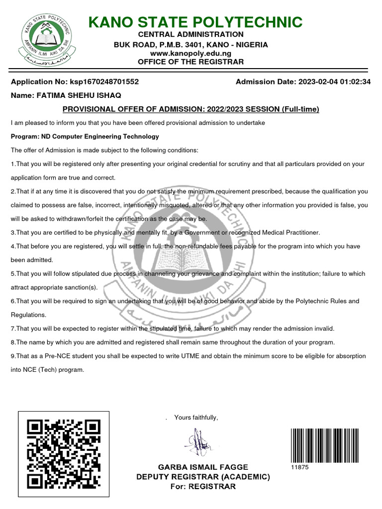 Kanopoly Admission Letter 11875 | PDF