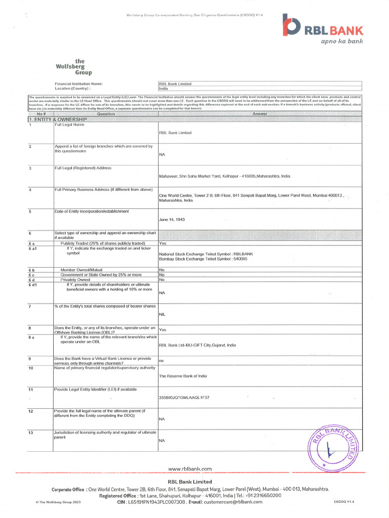 Wolfsberg Group Correspondent Banking Due Diligence Questionnaire | PDF
