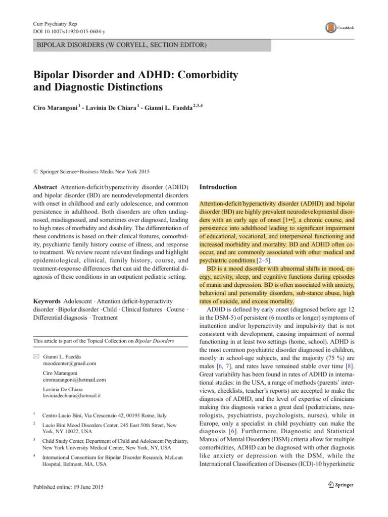Bipolar Disorder and ADHD - Comorbidity and Diagnostic Distinctions ...