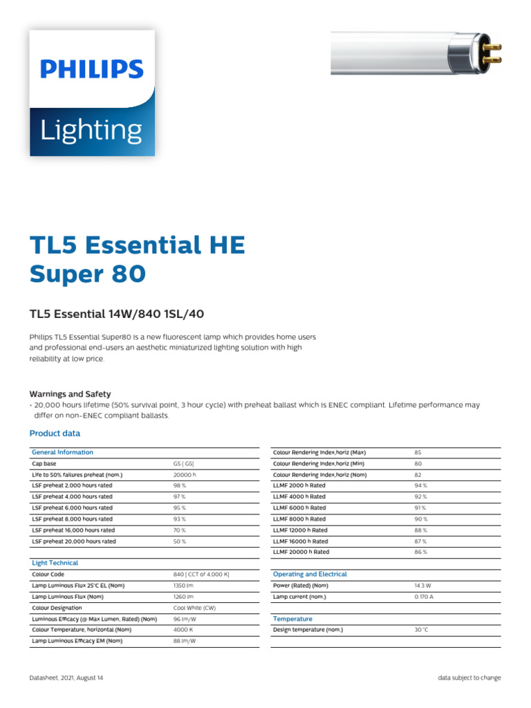 Philips TL5 Essential 14W/840 Overview | PDF | Lighting | Interior Design