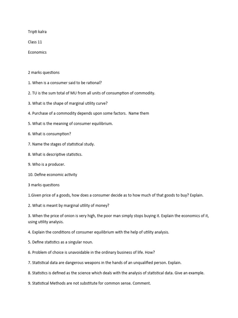 Class 11 Economics Original Pdf Utility Economics